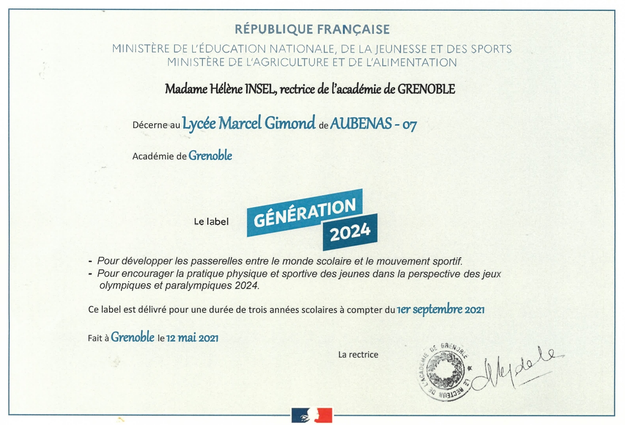 Label Génération 2024 – Lycée Marcel Gimond – Aubenas
